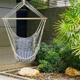 etc-shop - Hängesitz Garten Hängesessel mit Sitzkissen Hängematte zum sitzen, Baumwolle blau weiß Holz, max. 120kg, BxT 60x70 cm