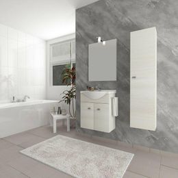 CAESAROO Badezimmer Badmöbel 55 cm Holly aus Eiche weiß Holz mit Keramik Waschtisch und Spiegel mit Led-Lampe mit spiegel und led Lampe - 55 cm - Eiche Weiß