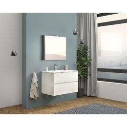 CAESAROO Badezimmer Badmöbel 80 cm Lisbona aus Weiß-Eiche holz mit waschtisch und spiegel mit spiegel und led Lampe - Eiche Weiß