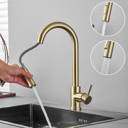 Wasserhahn Küche Gebürstet Gold,Hochdruck Küchenarmatur Ausziehbar, Edelstahl Mischbatterie Küche mit Brause 2 Wasserstrahlarten, 360° Drehbare