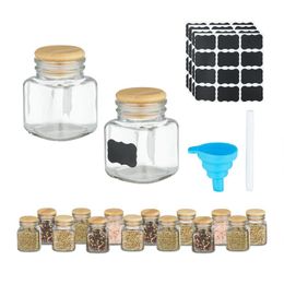 Gewürzgläser 16er Set, eckig, Gewürzdosen Glas, 100 ml, mit Etiketten, Stift & Trichter, transparent/natur - Relaxdays