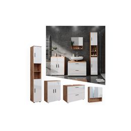 VICCO Badmöbelset Irma Eiche Weiß Hochglanz modern Badezimmerschrank Badschrank Badezimmermöbel Waschtischunterschrank Spiegelschrank Kommode Hochschrank Schrankschublade Schranktür Schrankfach