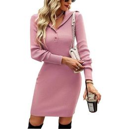 KIKI A-Linien-Kleid Damen Geripptes Slim-fit Bleistiftkleid Einfarbig Langarm Strickkleid