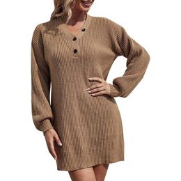 KIKI Strickkleid Damen Stricken Sweatshirt Kleider Langarmshirt Pullover V-Ausschintt