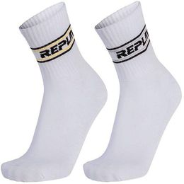 Replay Tennissocken SHORT TENNIS half terry Logo&Two Stripe 2Prs Banderole mit gerippten Bündchen, weiß