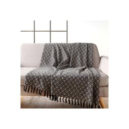 Plaid Fransen-Decke 150x125 cm Plaid Sofadecke schwarz weiß Baumwolle