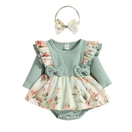 Lapastyle Strampler Langarm Bodysuit für Baby Mädchen mit Rundhals und Blumendruck am Saum (Set