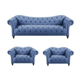 JVmoebel Wohnzimmer-Set Modern Wohnzimmer Komplett Blau Sofa Couch Dreisitze 2x Sessel