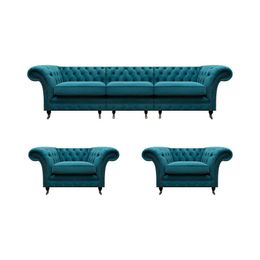 JVmoebel Wohnzimmer-Set Luxus Blau Designer Komplett Textil Chesterfield Wohnzimmer
