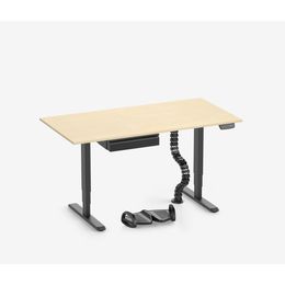 Höhenverstellbarer Schreibtisch PRIMUS + Schublade, Kabelschlange & Fußstütze - 160x80 - Schwarz / Birke - 125 kg Traglast