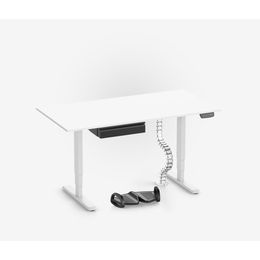 Höhenverstellbarer Schreibtisch PRIMUS + Schublade, Kabelschlange & Fußstütze - 180x80 - Weiß / Weiß - 125 kg Traglast