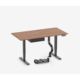 Höhenverstellbarer Schreibtisch PRIMUS + Schublade, Kabelschlange & Fußstütze - 180x80 - Schwarz / Nussbaum - 125 kg Traglast