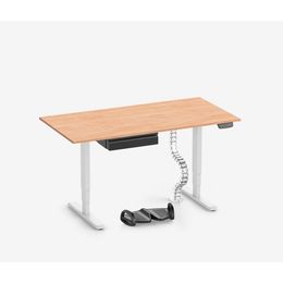 Höhenverstellbarer Schreibtisch PRIMUS + Schublade, Kabelschlange & Fußstütze - 180x80 - Weiß / Buche - 125 kg Traglast