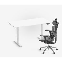 Höhenverstellbarer Schreibtisch PRIMUS + Stuhl - 140x80 - Weiß / Weiß - 7 Jahre Garantie