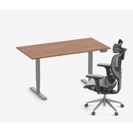 Höhenverstellbarer Schreibtisch PRIMUS + Stuhl - 140x80 - Grau / Nussbaum - 7 Jahre Garantie