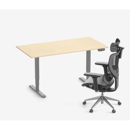 Höhenverstellbarer Schreibtisch PRIMUS + Stuhl - 140x80 - Grau / Birke - 7 Jahre Garantie