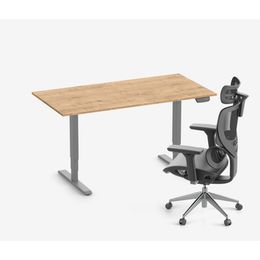 Höhenverstellbarer Schreibtisch PRIMUS + Stuhl - 140x80 - Grau / Eiche - 7 Jahre Garantie