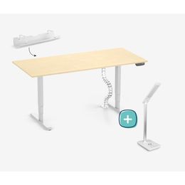 Höhenverstellbarer Schreibtisch PRIMUS + Kabelwanne, Kabelschlange & Schreibtischleuchte - 140x80 - Weiß / Birke - 7 Jahre Garantie