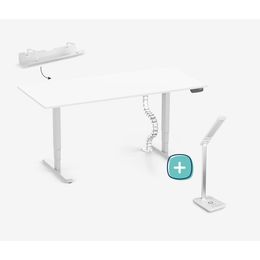 Höhenverstellbarer Schreibtisch PRIMUS + Kabelwanne, Kabelschlange & Schreibtischleuchte - 180x80 - Weiß / Weiß - 125 kg Traglast
