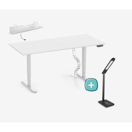 Höhenverstellbarer Schreibtisch PRIMUS + Kabelwanne, Kabelschlange & Schreibtischleuchte - 160x80 - Weiß / Lichtgrau - 7 Jahre Garantie
