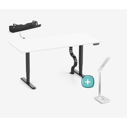 Höhenverstellbarer Schreibtisch PRIMUS + Kabelwanne, Kabelschlange & Schreibtischleuchte - 140x80 - Schwarz / Weiß - 7 Jahre Garantie