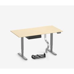 Höhenverstellbarer Schreibtisch PRIMUS + Schublade, Kabelschlange & Fußstütze - 180x80 - Grau / Birke - 7 Jahre Garantie
