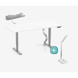 Höhenverstellbarer Schreibtisch PRIMUS + Kabelwanne, Kabelschlange & Schreibtischleuchte - 140x80 - Grau / Weiß - 7 Jahre Garantie
