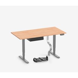 Höhenverstellbarer Schreibtisch PRIMUS + Schublade, Kabelschlange & Fußstütze - 160x80 - Grau / Buche - 7 Jahre Garantie