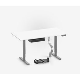 Höhenverstellbarer Schreibtisch PRIMUS + Schublade, Kabelschlange & Fußstütze - 160x80 - Grau / Weiß - 7 Jahre Garantie