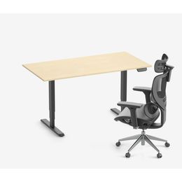 Höhenverstellbarer Schreibtisch PRIMUS + Stuhl - 140x80 - Schwarz / Birke - 7 Jahre Garantie