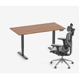 Höhenverstellbarer Schreibtisch PRIMUS + Stuhl - 140x80 - Schwarz / Nussbaum - 7 Jahre Garantie