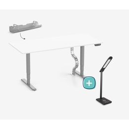 Höhenverstellbarer Schreibtisch PRIMUS + Kabelwanne, Kabelschlange & Schreibtischleuchte - 140x80 - Grau / Weiß - 7 Jahre Garantie