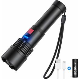 Minkurow - Wiederaufladbare USB-LED-Taschenlampe 3000 Lumen, Zoombare Taschenlampe, Ultrastarke LED-Taschenlampe, Taktisches Licht, Wasserdichte