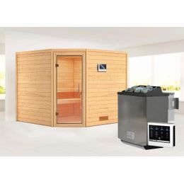 Karibu Sauna ""Leona" mit Klarglastür 2 Ofen 9 kW Bio externe Strg modern" Saunen beige (naturbelassen) Saunen