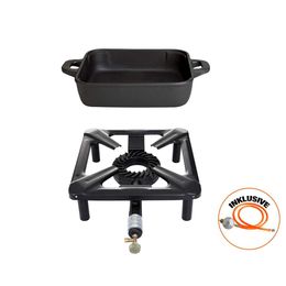 ALLGRILL Hockerkocher ohne Zündsicherung + Gusseisenpfanne 26x26x6cm mit 2 Griffen