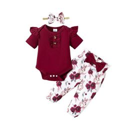 Lapastyle Shirt, Leggings & Haarband Baby Mädchen Kurzarm Sommer täglich Freizeitanzug mit Blumendruck (Set