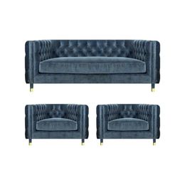 JVmoebel Wohnzimmer-Set Blau Designer Sofagarnitur 3tlg Modern Textil Chesterfield Wohnzimmer