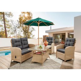 Gartenlounge-Set Destiny "MERANO" Sitzmöbel-Sets beige (natur meliert) Outdoor Möbel Polyrattan, 2 Sessel, 2er Sofa, 1 Tisch 120x77x66cm, inkl. Auflagen