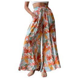 KIKI Haremshose Damen Elegant Boho Blume Chiffon High Waist Locker Palazzo Weite Hose