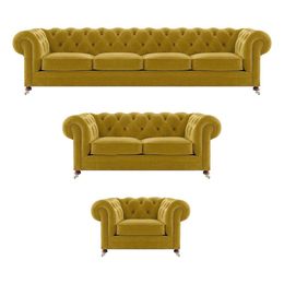 JVmoebel Wohnzimmer-Set Luxus Gelb Komplett 4+2+1 Wohnzimmer Sessel Chesterfield Textil