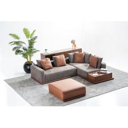 JVmoebel Wohnzimmer-Set Wohnzimmer Sitzgarnitur Graues L-Form Sofa Brauner Hocker Luxus Möbel