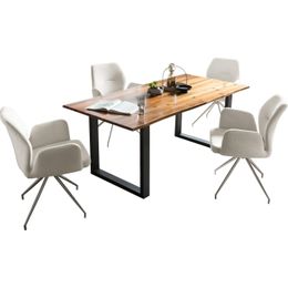 Salesfever Essgruppe, (Set, 5-tlg), Tischplatte mit echter Baumkante, Gestell aus rostfreiem Edelstahl, beige|schwarz|silberfarben