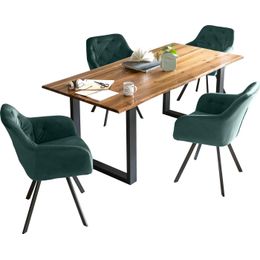 Salesfever Essgruppe, (Set, 5-tlg), Stühle mit 360° Drehplatte, Tischplatte mit echter Baumkante, grün|schwarz