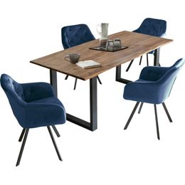 Salesfever Essgruppe, (Set, 5-tlg), Stühle mit 360° Drehplatte unter der Sitzfläche, mit echter Baumkante, blau|schwarz