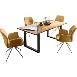 Salesfever Essgruppe, (Set, 5-tlg), Tischplatte mit echter Baumkante, Gestell aus rostfreiem Edelstahl, gelb|schwarz|silberfarben