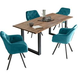 Salesfever Essgruppe, (Set, 5-tlg), Stühle mit 360° Drehplatte unter der Sitzfläche, mit echter Baumkante, blau|schwarz