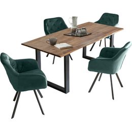 Salesfever Essgruppe, (Set, 5-tlg), Stühle mit 360° Drehplatte unter der Sitzfläche, mit echter Baumkante, grün|schwarz