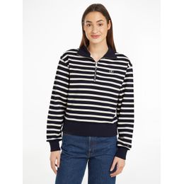 Sweater Tommy Hilfiger "SMD BRETON STRIPE 1/2 ZIP HWK" Gr. XXL (44), blau (blue stripe) Damen Sweatshirts -jacken