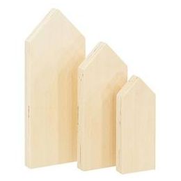buttinette Häuser aus Holz, 25 x 10 cm, 20 x 8 cm und 15 x 6 cm, 3 Stück