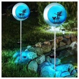 Globo Solarleuchte Erdspieß Gartenstecker Fee Solar Außenleuchte Stecklampe Mond, blau silber, LED warmweiß, LxBxH 16x5x90 cm, 3er Set